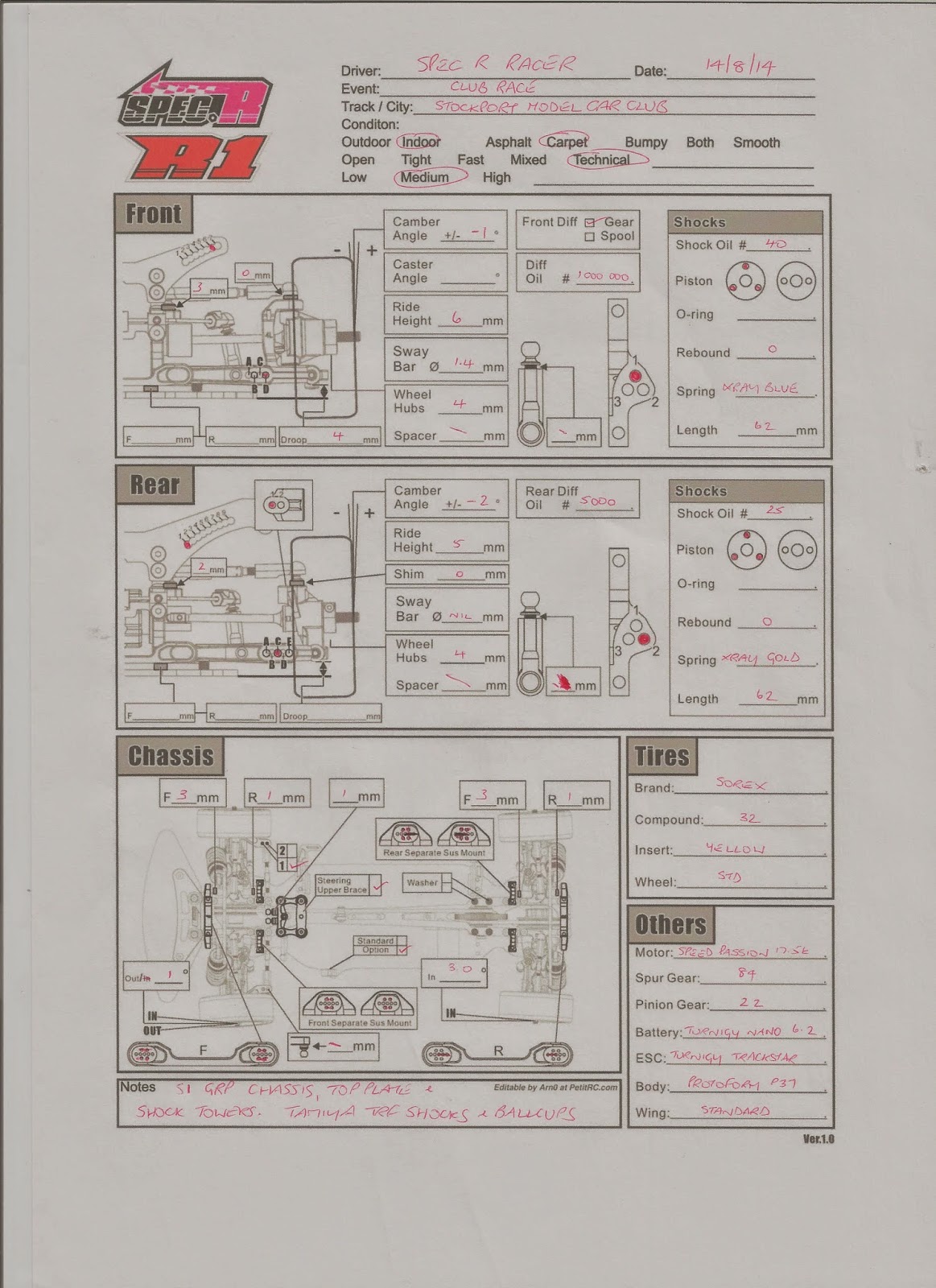 Spec R S1 Touring Car Blog: Set Up Sheets