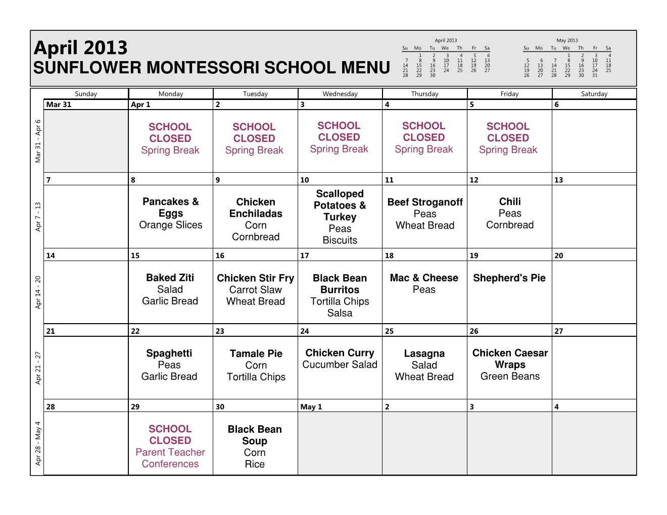 Sunflower Montessori Parents' Association: April Lunch Menu