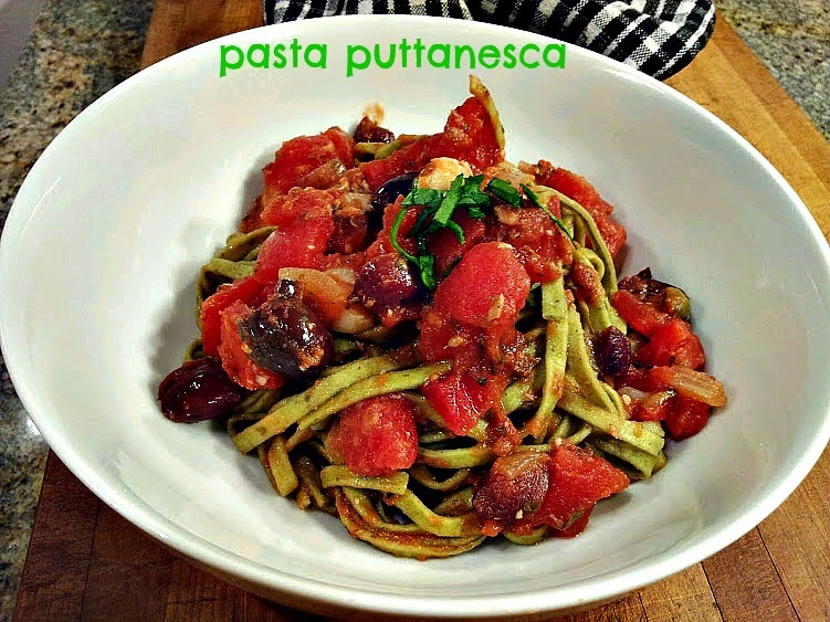 red or green?: Pasta Puttanesca with Roasted Garlic