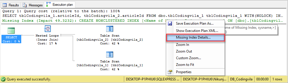 Create Missing Index From Actual Execution Plan | SQL | Codingvila