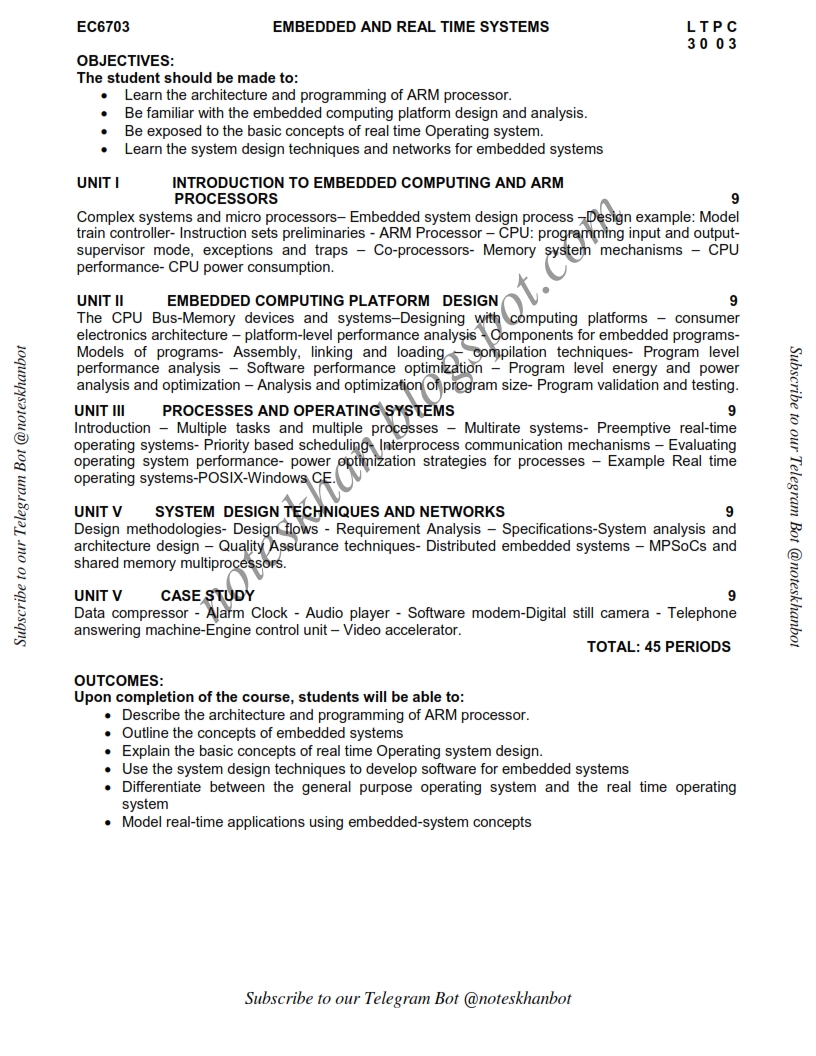 Ec6703 Embedded And Real Time Systems Syllabus Semester Vii Ece Be Anna University Regulation