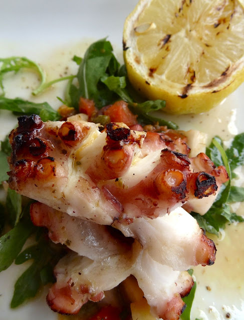 Scrumpdillyicious: Grilled Baby Octopus with Arugula, Beets & Chickpeas