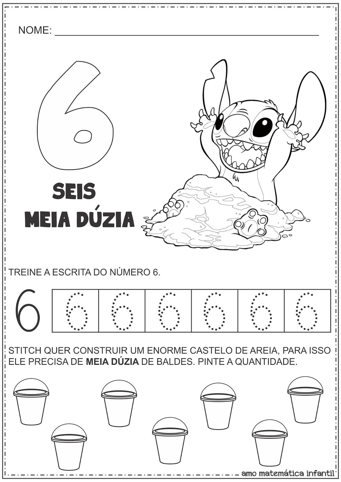 Matemática Infantil: Meia Dúzia Atividades Lilo e Stitch Numeral 6