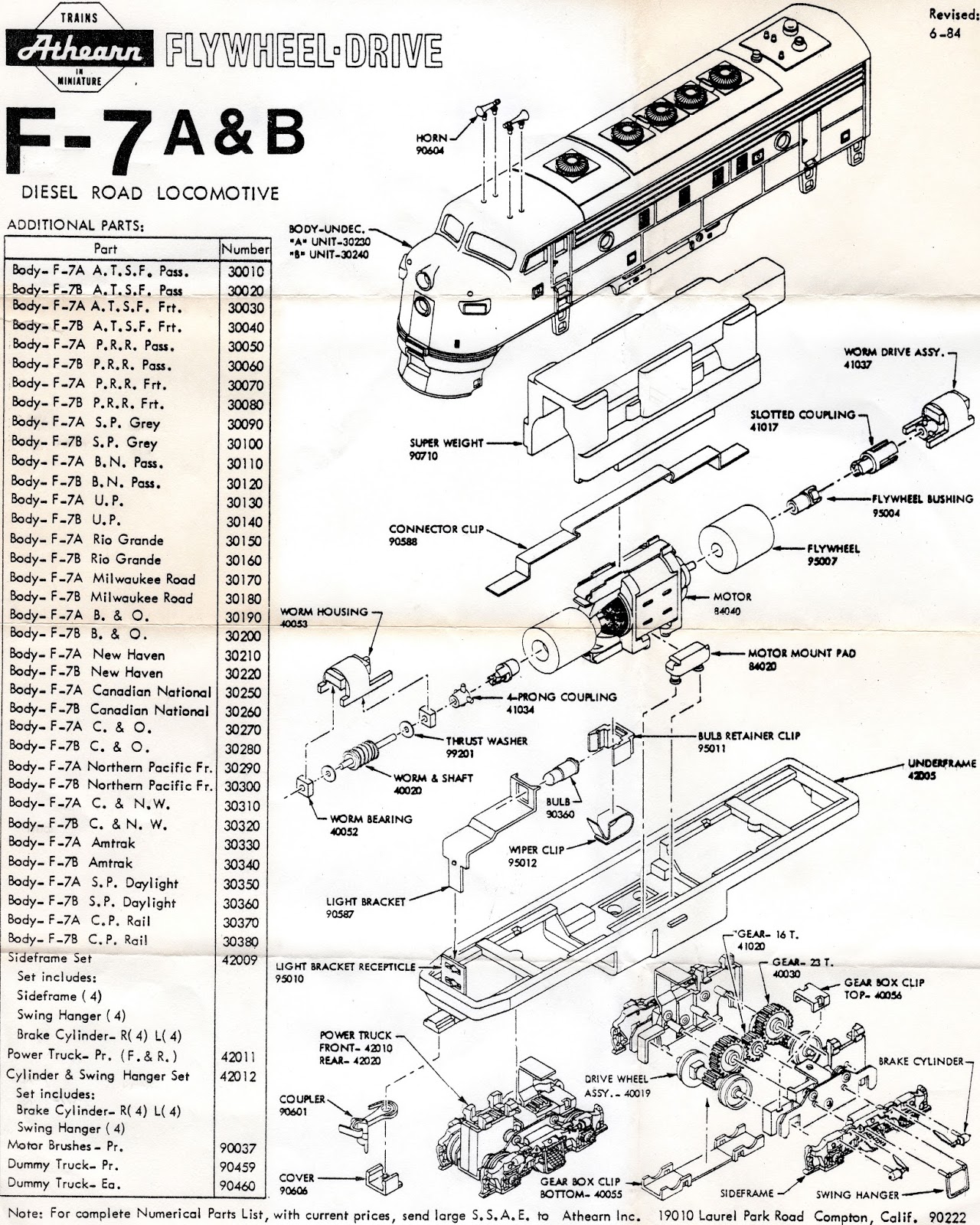 Athearn HO Scale Blue Box F7A Locomotive Exploited Parts Diagram
