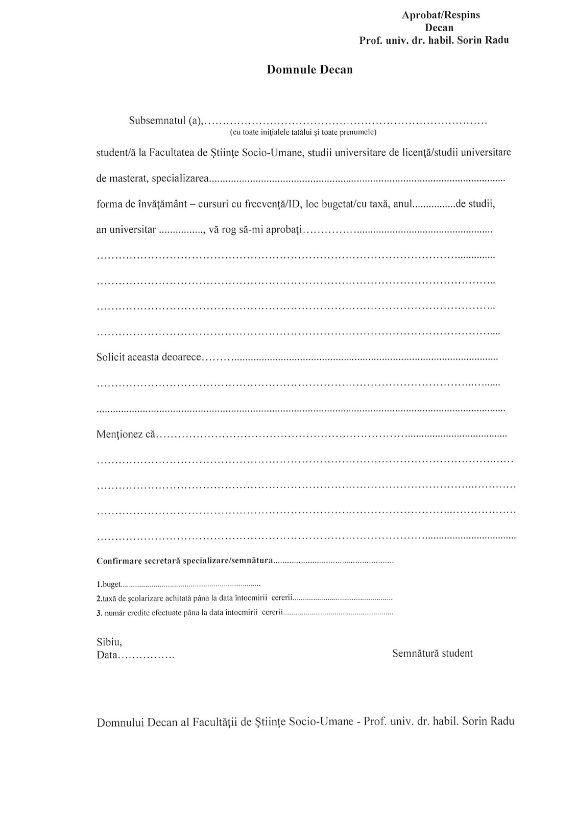 Universitatea ''Lucian Blaga" din Sibiu: 8. MODEL CERERI