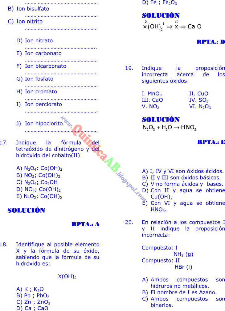 NOMENCLATURA INORGÁNICA PROBLEMAS RESUELTOS TIPO EXAMEN DE INGRESO A LA UNIVERSIDAD ~ QUÍMICA ...