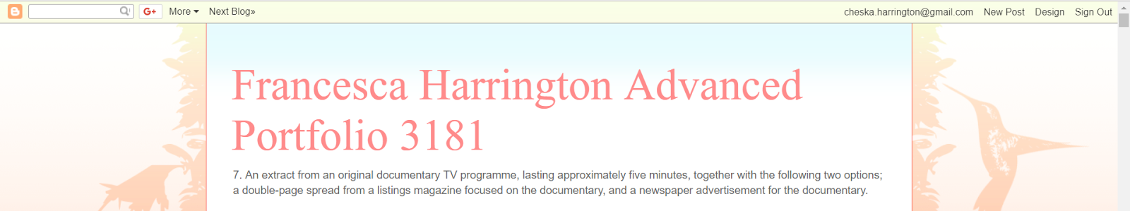 Advanced Portfolio Francesca Harrington 3181 Centre Number: 16607: 2018