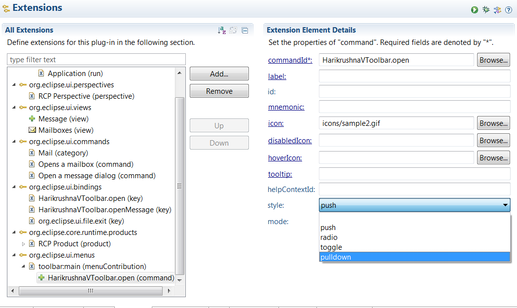 Create Pulldown Menu In Toolbar In Eclipse Rcp