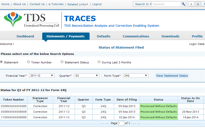 Tds Tax India: e-TDS : Statements Processed with Defaults or Processed ...