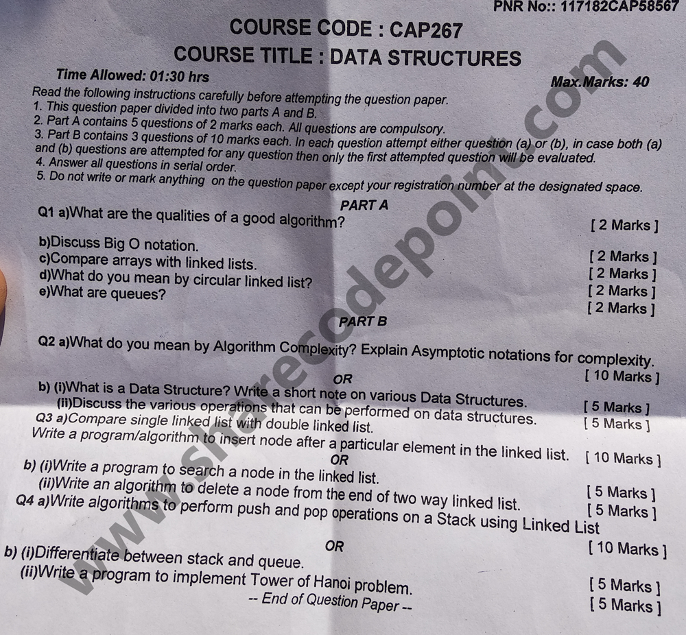 Cap267 Data Structures Mid Term Exam Question Paper Cap 267 Lpu Question Paper