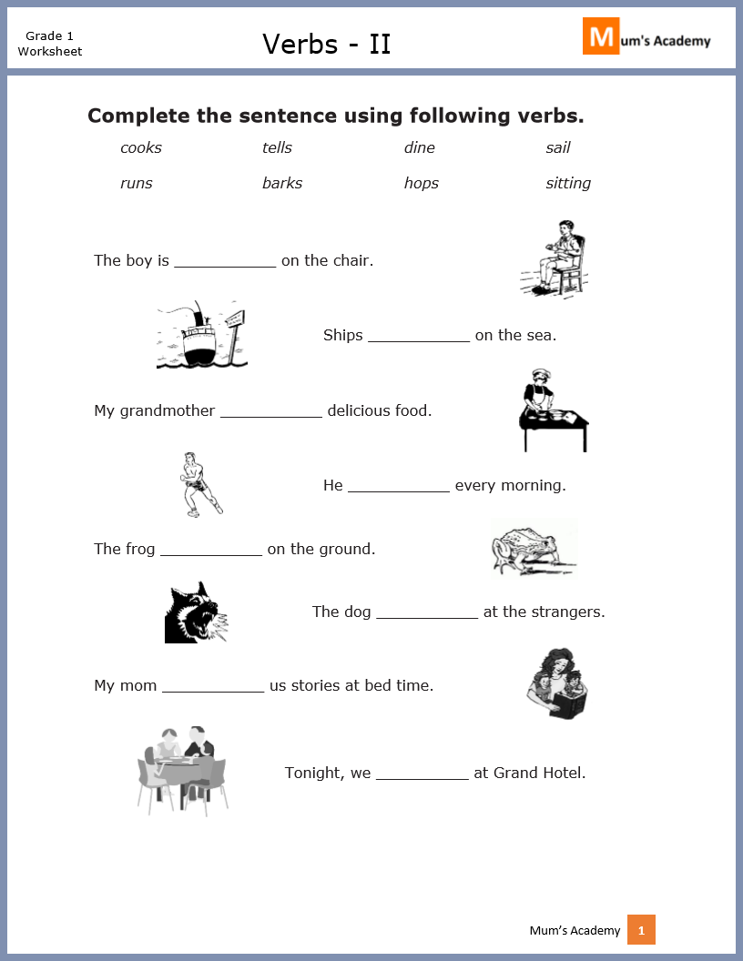 Grade 1 - Worksheet - Verbs II - Mum's Academy
