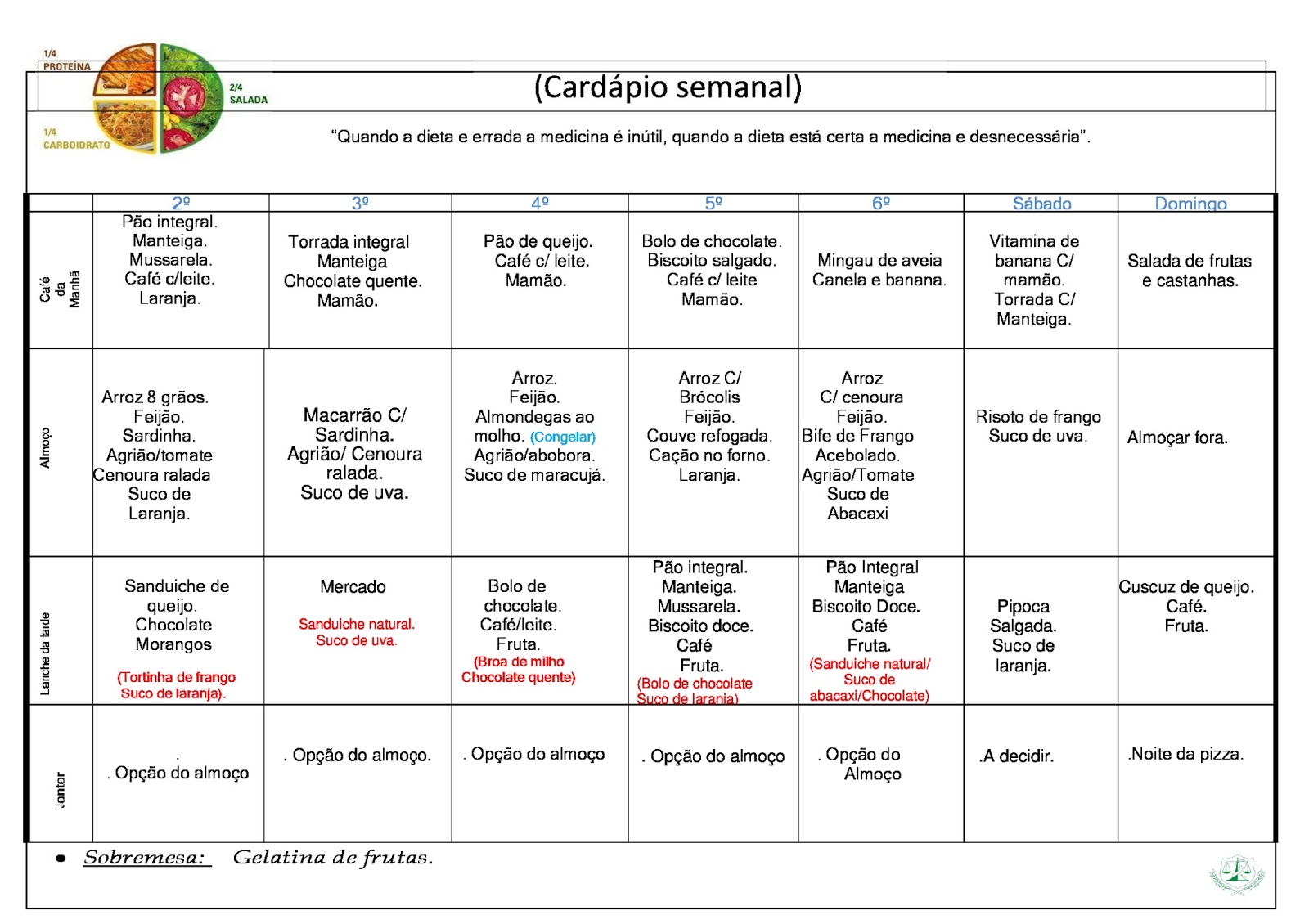 Gesele Martins: CARDÁPIO DA SEMANA.