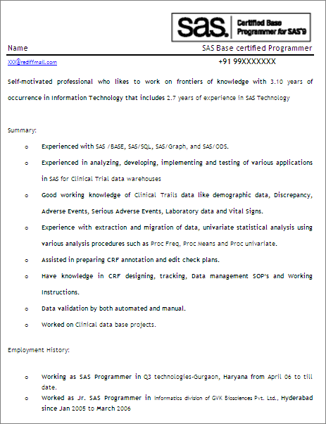 Sas Programmer Developer Free Resume Template