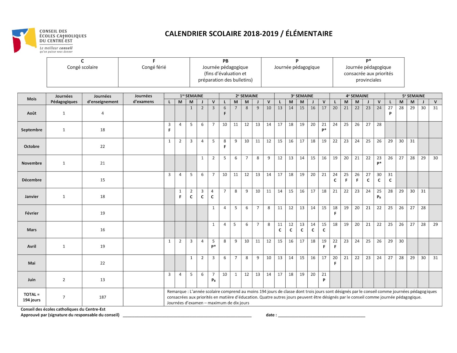 Blogue de la direction AEC: Calendrier scolaire 2018-2019 / élémentaire