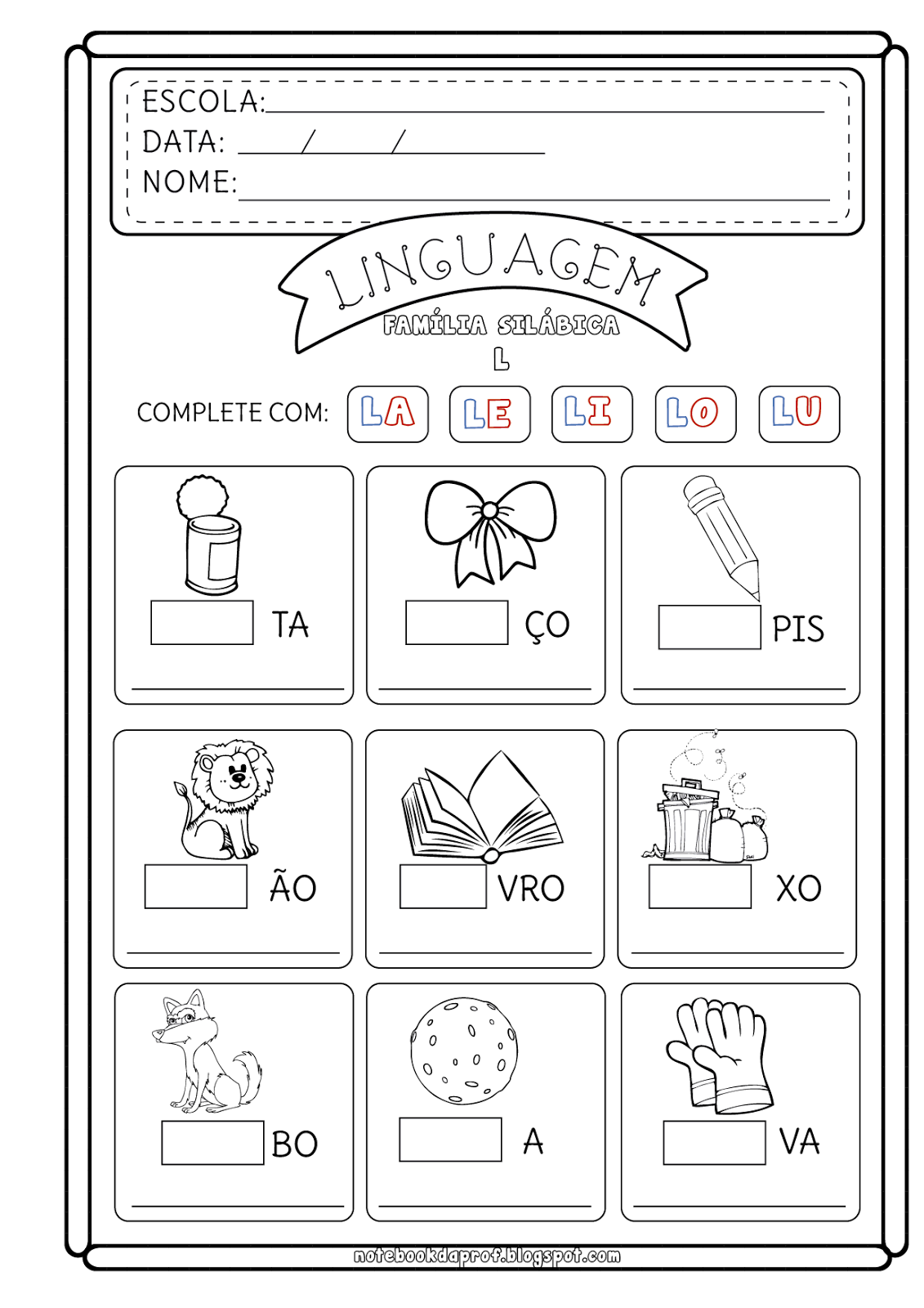 Notebook da Profª: Atividades Letra L - Sílaba L