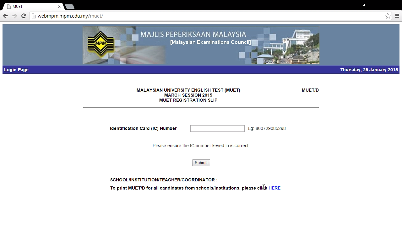 MALAYSIAN UNIVERSITY ENGLISH TEST (MUET) REGISTRATION SLIP FOR MARCH ...