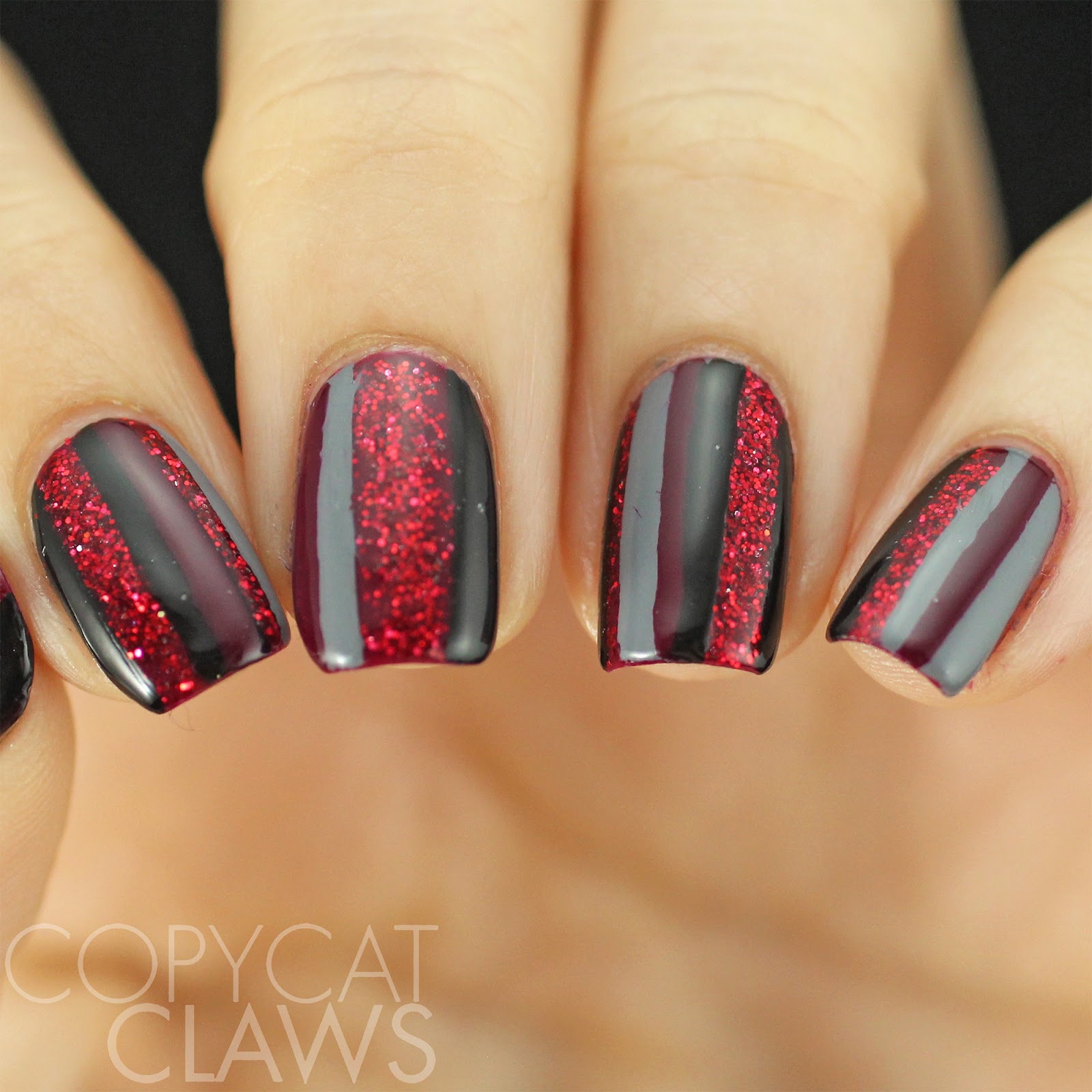 Copycat Claws: The Digit-al Dozen does Vampy: Red Glittery Stripes