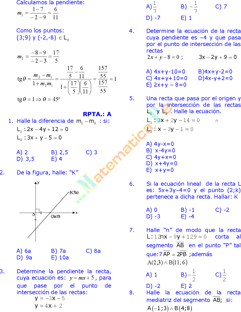 ECUACIÓN GENERAL DE LA RECTA Y ÁNGULO ENTRE 2 RECTAS PENDIENTE EJERCICIOS RESUELTOS PDF