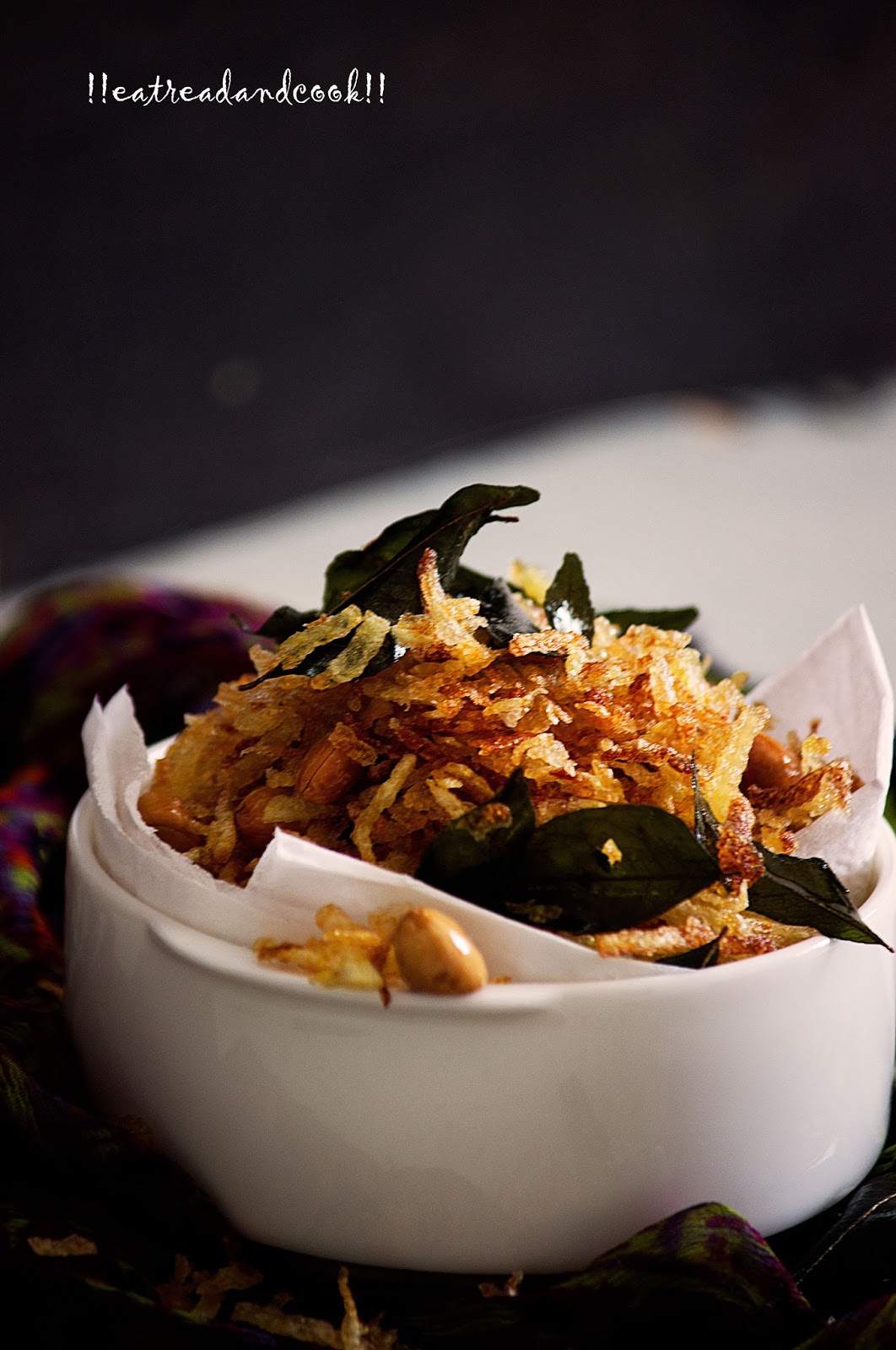 Kari Pata r Badam Diye Alur Jhuri Bhaja / Shredded Potato Fries with ...