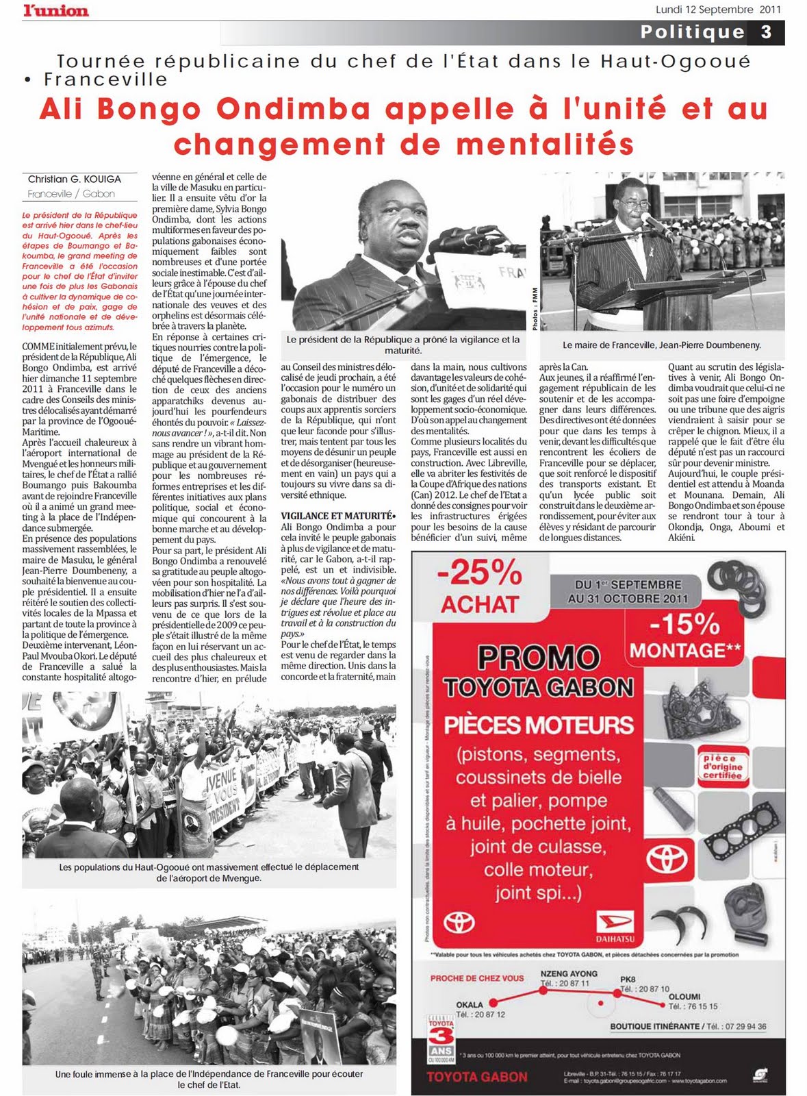 WE ARE PUBLISING THE GABONESE NEWSPAPER “L’UNION” OF MONDAY, 12 ...