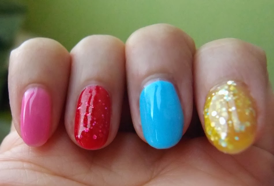 [ Pinky to index: Cheeky Pink, Cosmo, Blue Sky, Summer Dream]