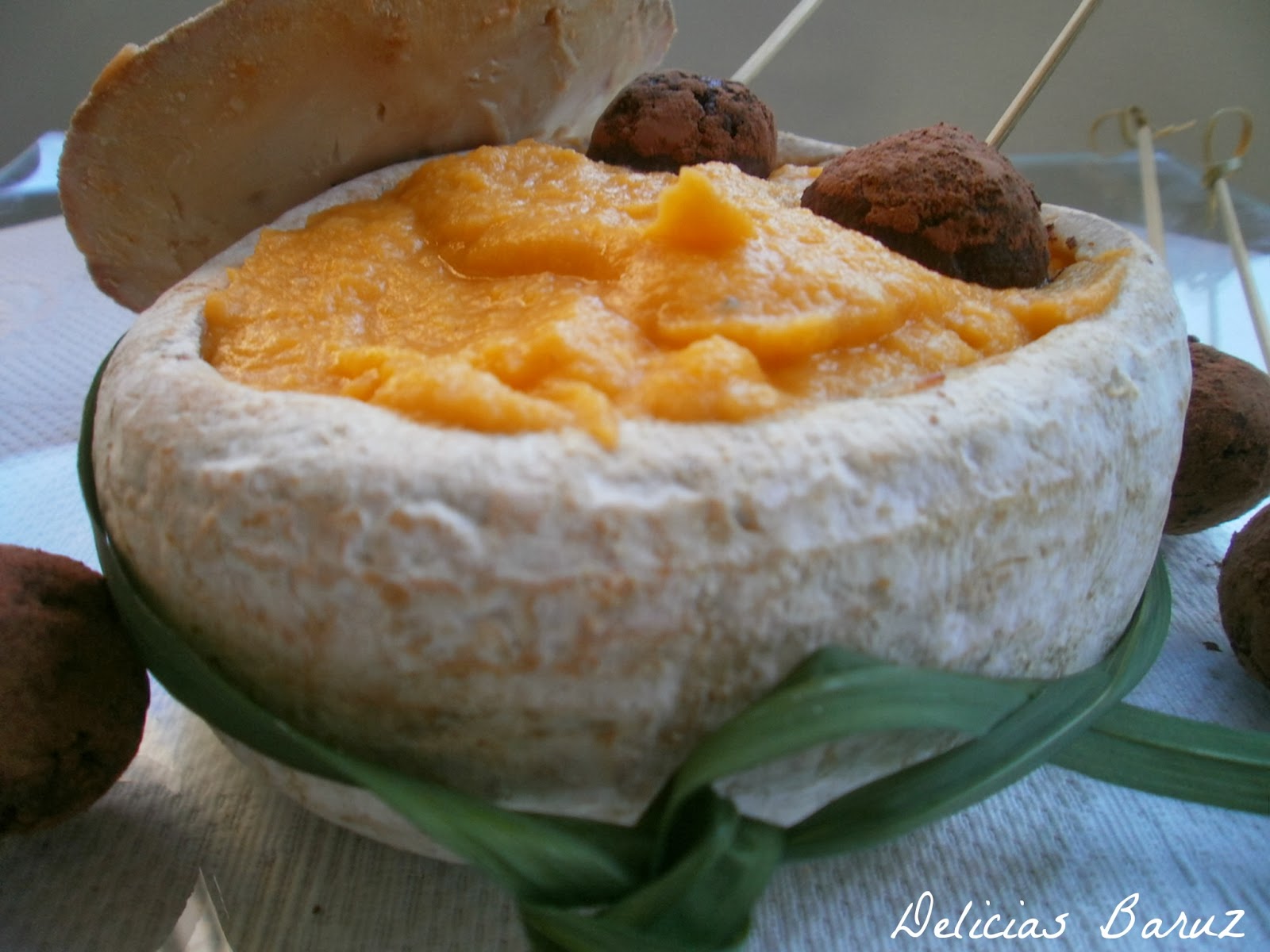 Delicias baruz: CREMA DE CALABAZA CON BROCHETAS DE TRUFAS DE MORCILLA
