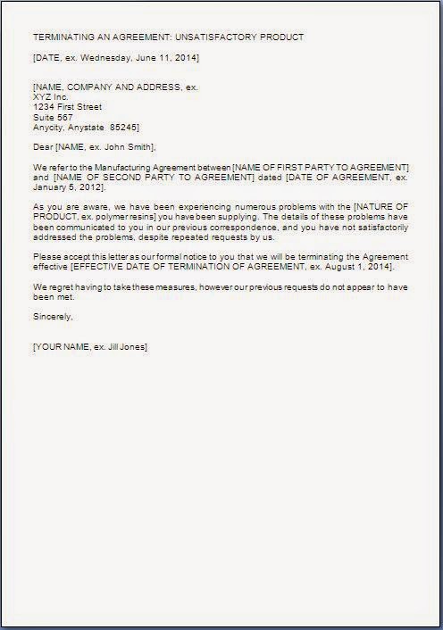 Agreement Termination Letter for Unsatisfactory Product