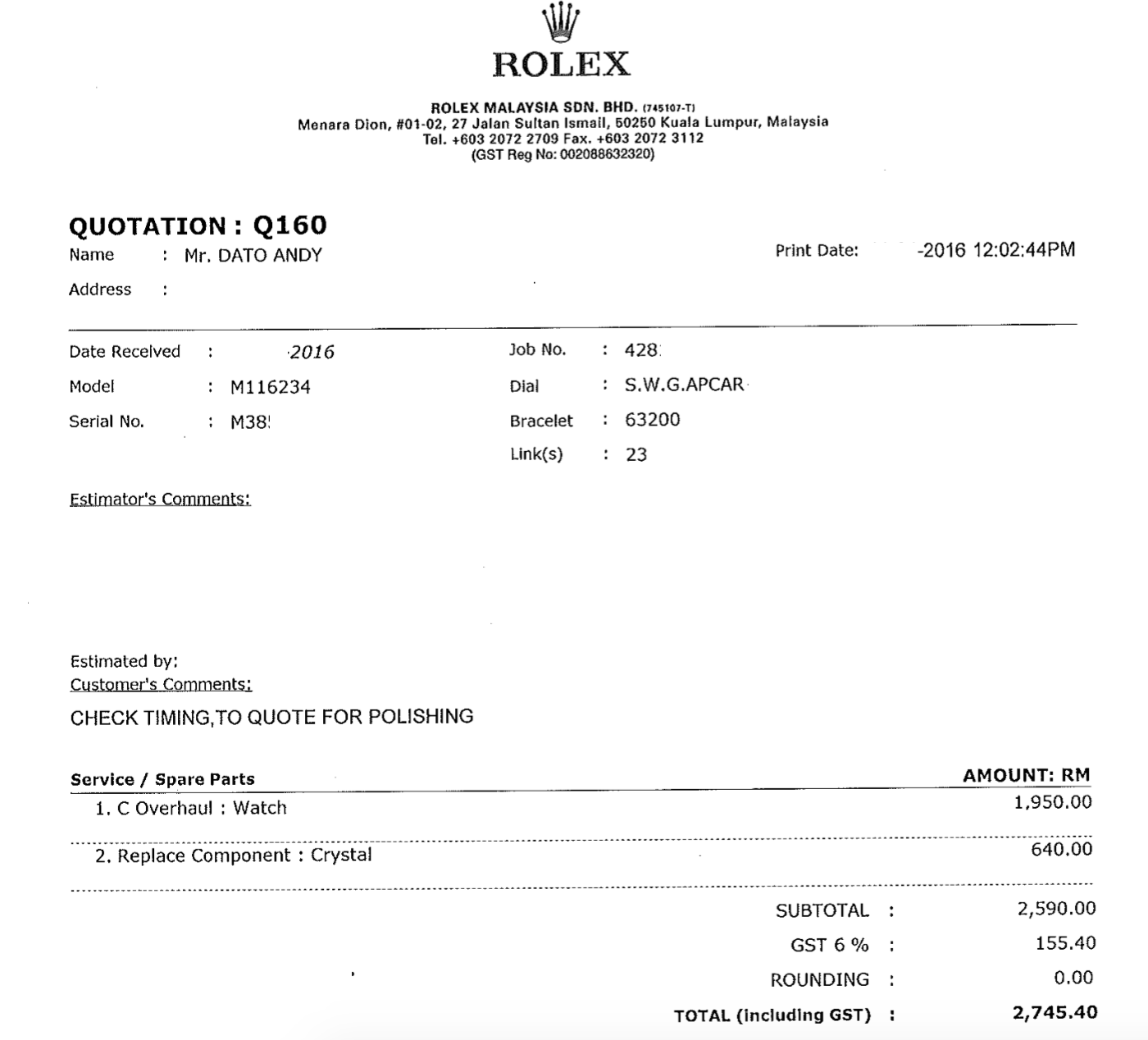 C-segment Wrist Watches: E-mail from Reader : Rolex Pricing