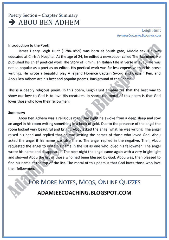 Adamjee Coaching: Abou Ben Adhem - Chapter Summary - English XI
