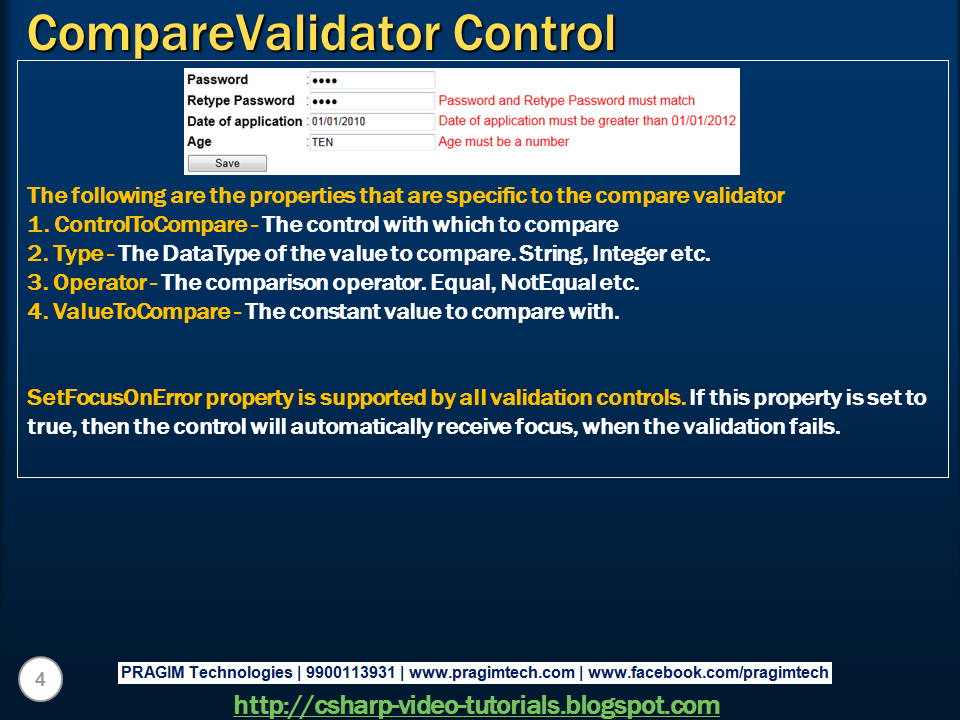 Sql server, .net and c# video tutorial: Part 46 – CompareValidator control