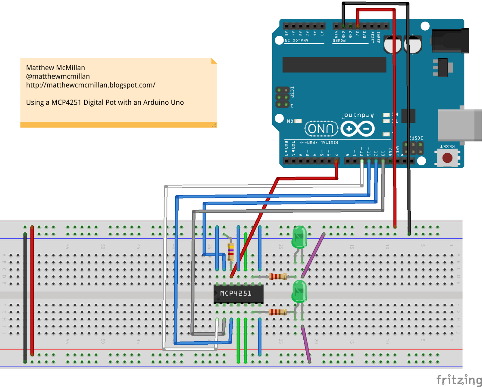 Matthew McMillan: Arduino - Using digital potentiometers part 2 (MCP4251)