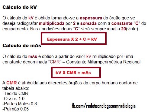 Tecnólogos em Radiologa: Cálculo do Kv e mAs