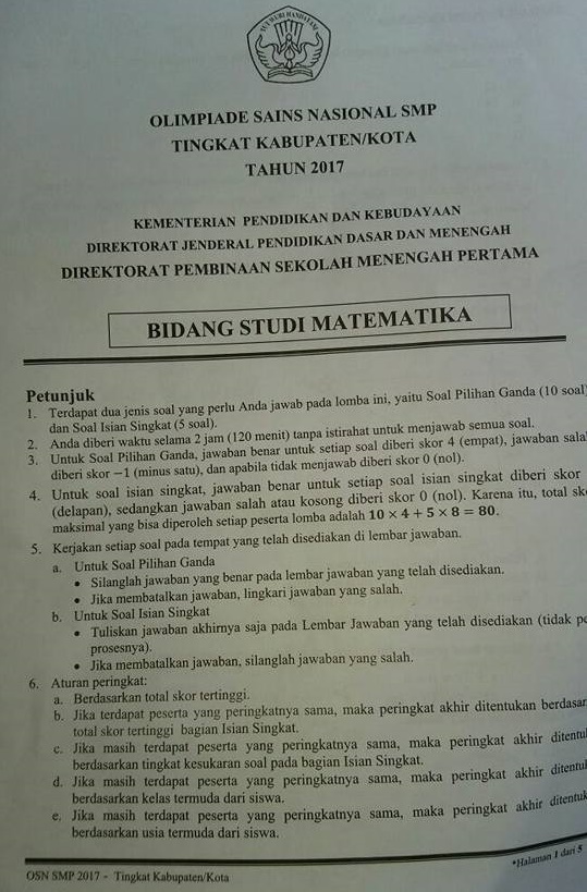 Soal dan Pembahasan OSN Tingkat Kabupaten Matematika SMP Tahun 2017 - defantri.com
