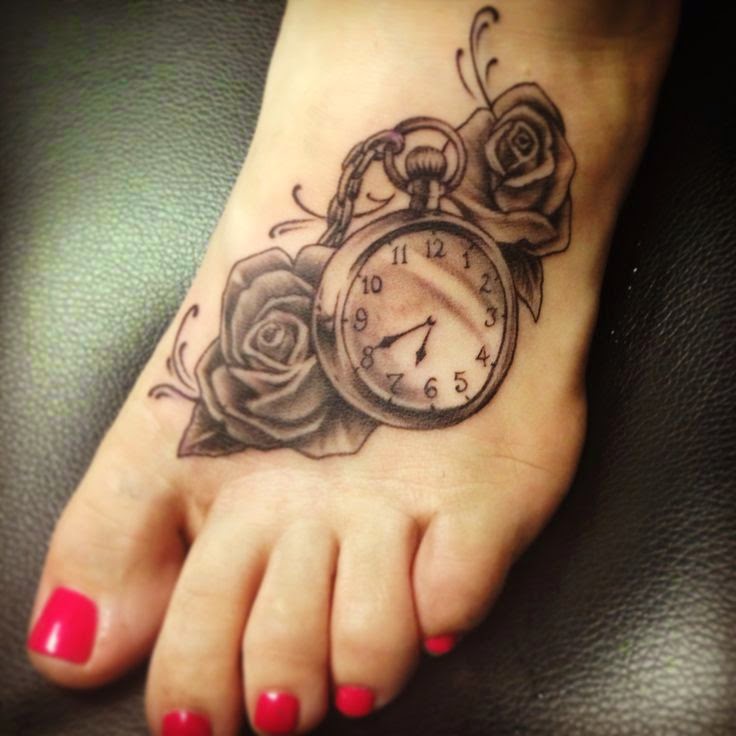 Foot with Rose Clock Time Tattoos - Viral Tattoo News Of The Day World ...