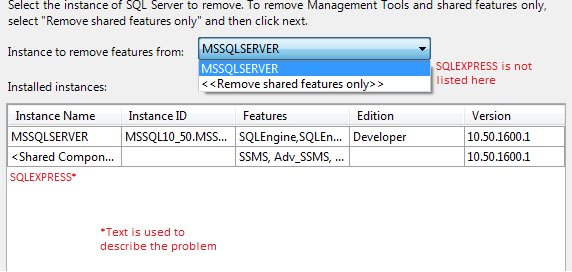 Uninstall SQL Server: Unable to find SQLEXPRESS in the dropdown
