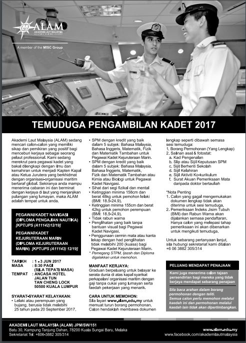 Temuduga Terbuka Di Akademi Laut Malaysia (ALAM) - 01-03 Jun 2017 - Jobseekers