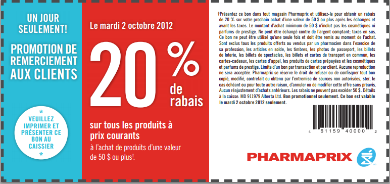 Coupons rabais imprimable 20% de rabais Pharmaprix ! | Coupons Rabais