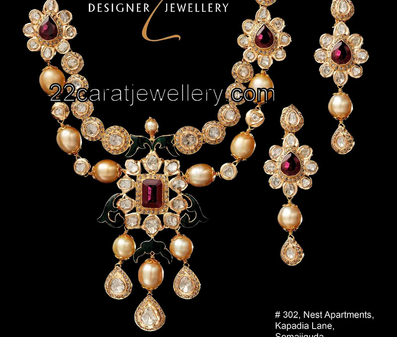 Uncut Diamond Designer Set with South Pearls - Jewellery Designs
