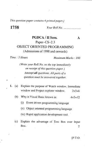 Object Oriented Programming Pgdca Gdnu Ii Sem 2012 Question Paper University Question Papers
