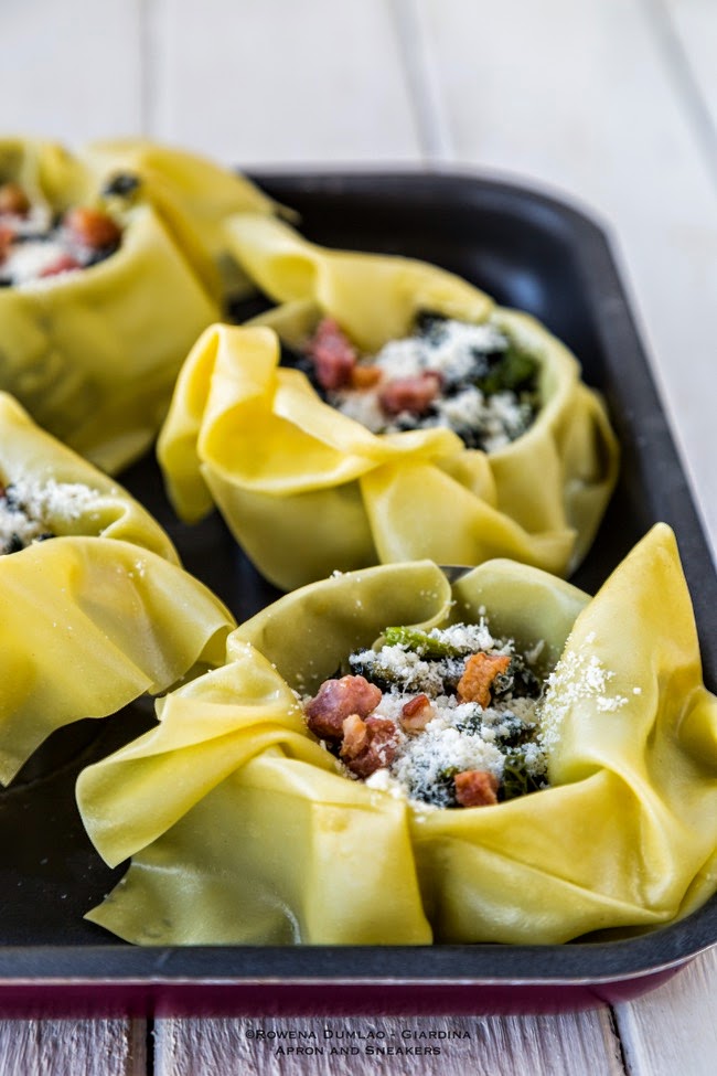 Lasagna Pouches with Kale, Pancetta and Cheese