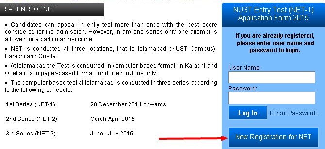 Registration process for NUST Entrance Test