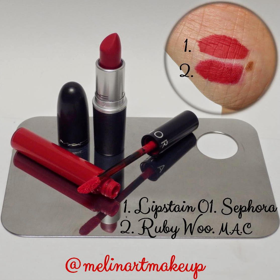 MelinArt: Rojo de labios Ruby Woo (M.A.C) Vs. Cream lipstain 01 (Sephora)