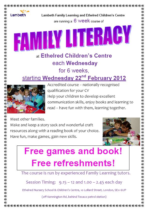 Kennington News: Family Literacy course starting 22nd Feb 2012 for 6 weeks!