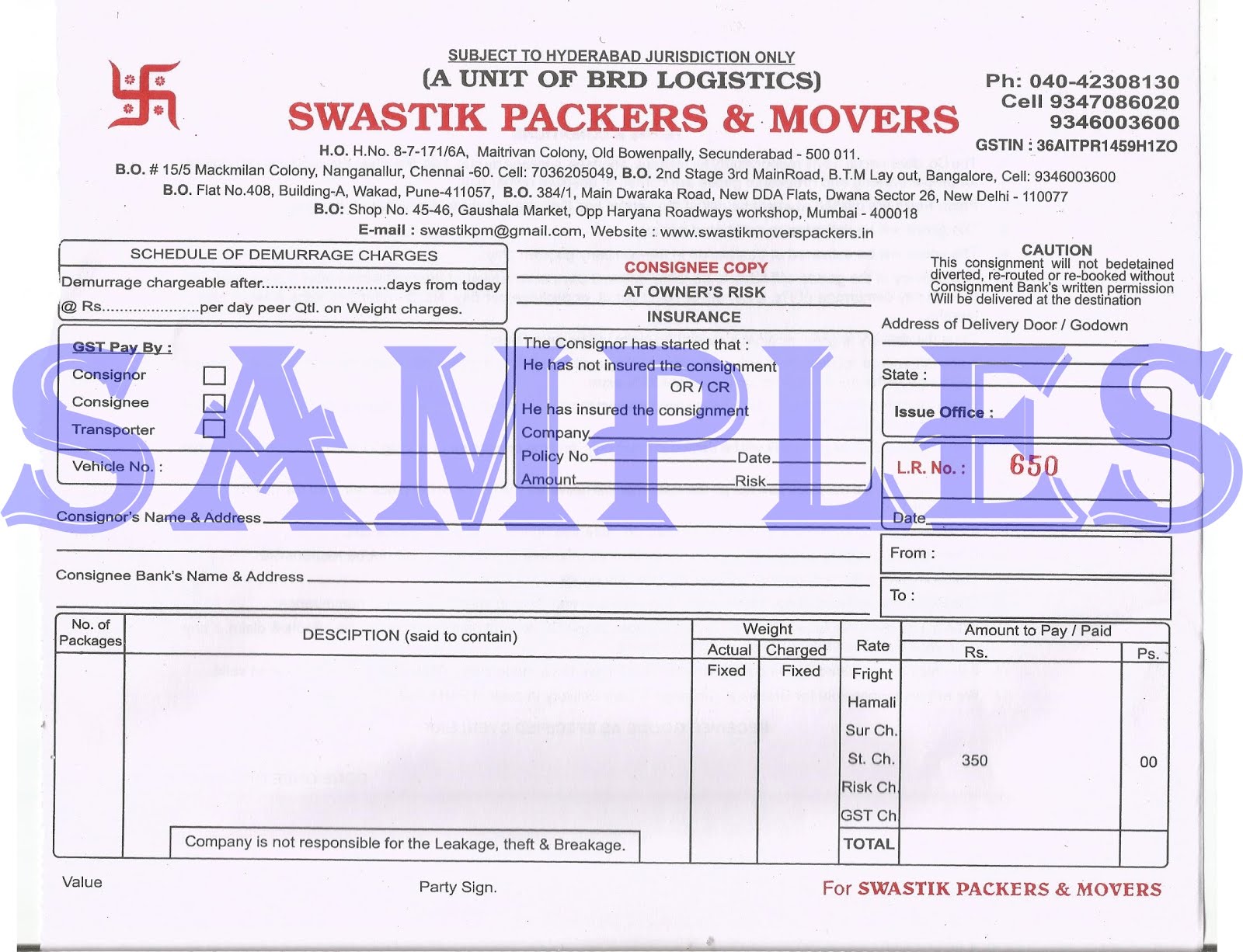 Packers And Movers Bill For Claim Format | MOVERS AND PACKERS BILL ...