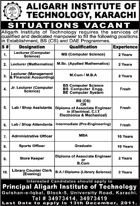 Teaching Jobs Aligarh Institute Of Technology Karachi | Jobs in ...