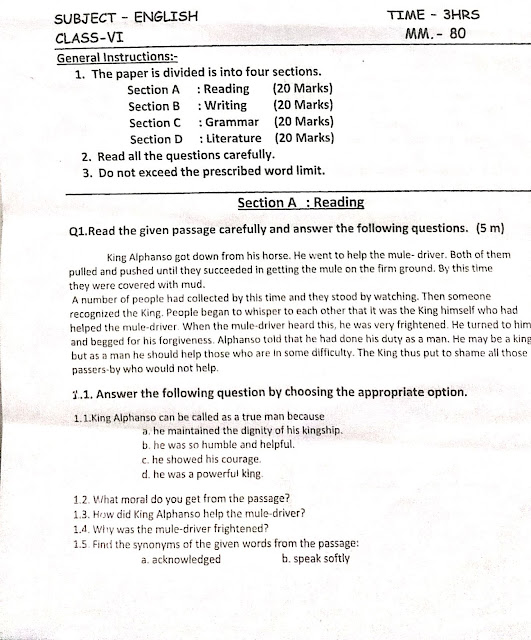 Obelisk Tutorials: CBSE Class 6th English Practice Paper for SA