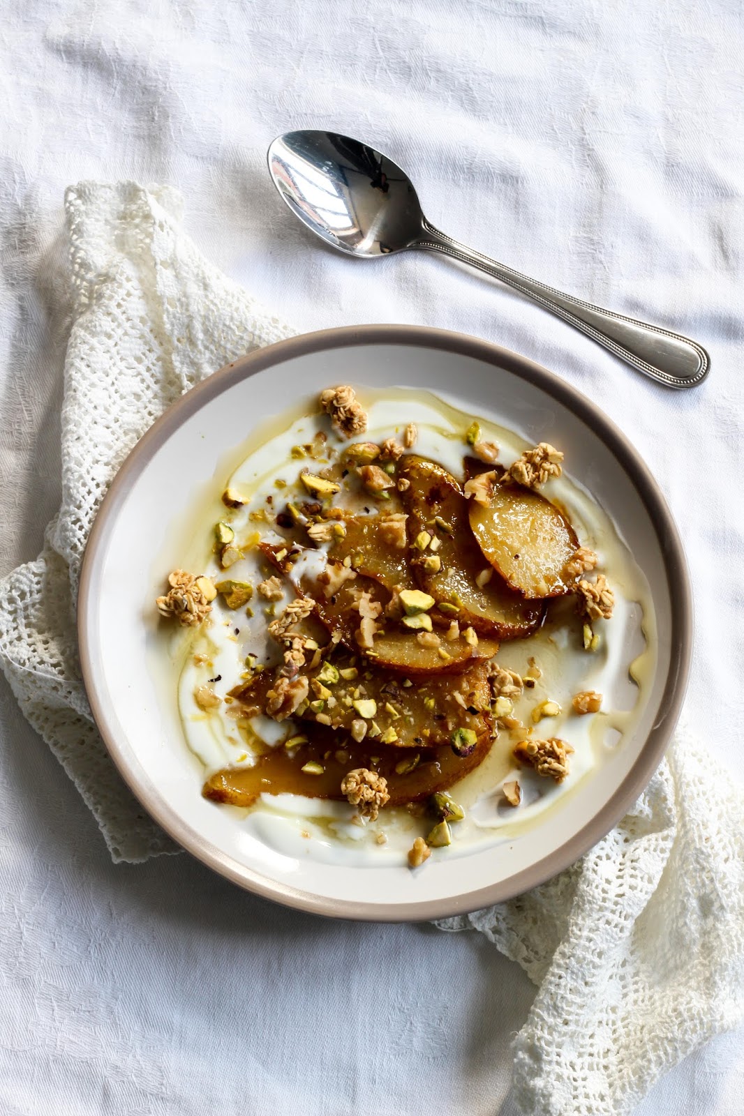 The Spoon and Whisk: Spiced Pears with Honey, Nuts, Granola and Yoghurt
