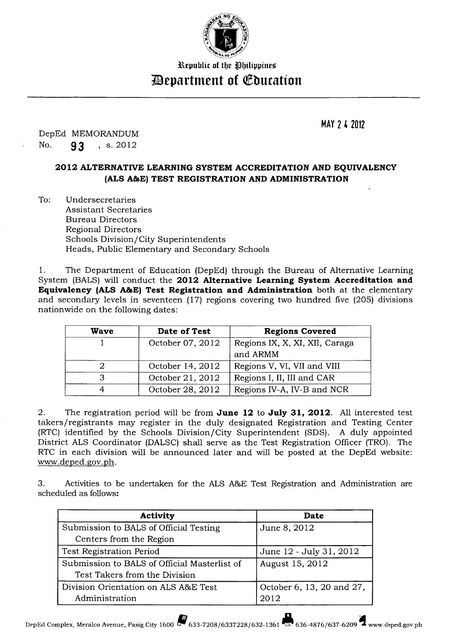 Alternative Learning System: ALS A & E Test Schedule in October 2012