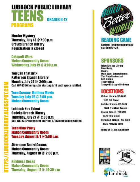 Lubbock Public Library's Teen Blog: Updated teen programs