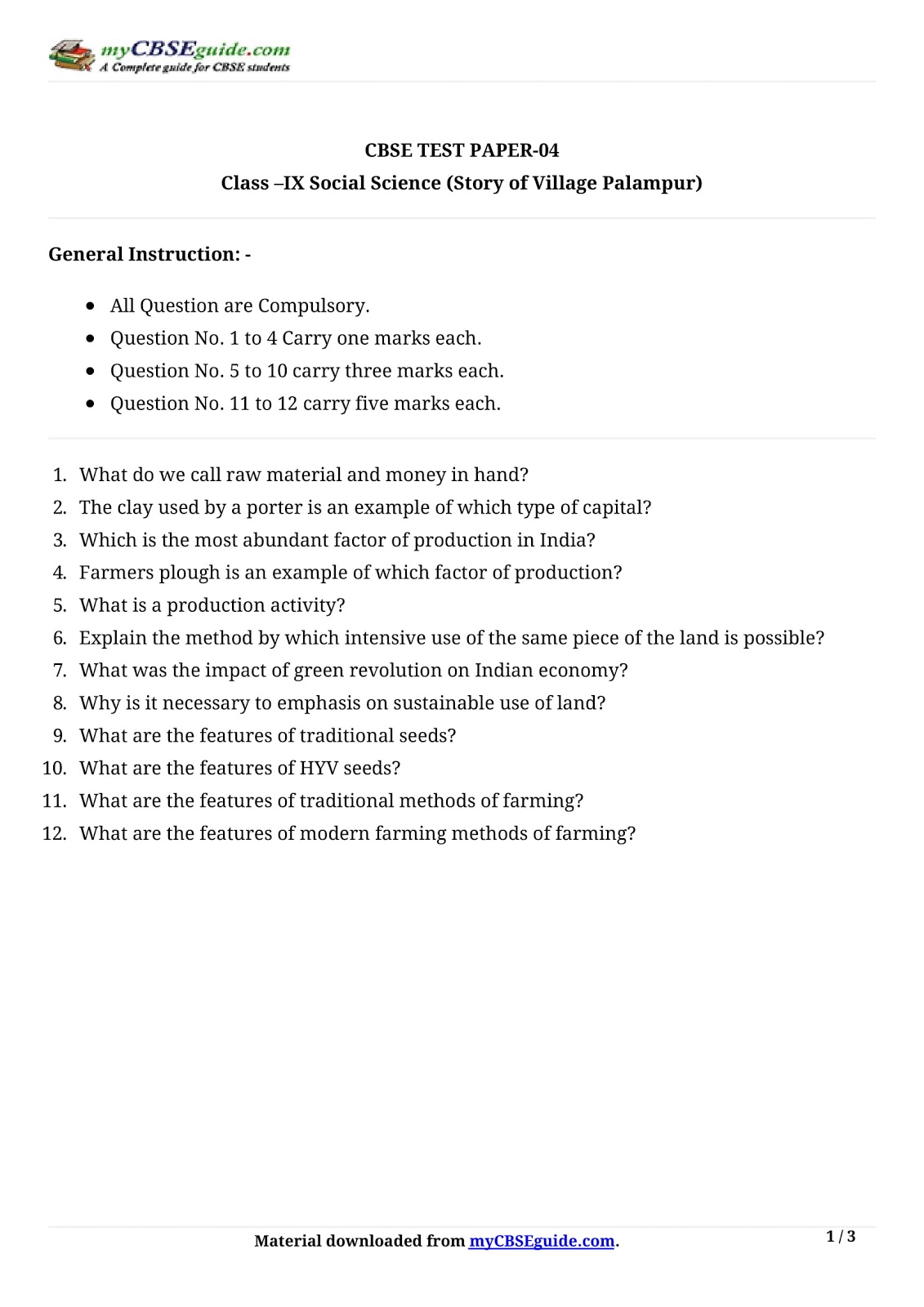 The story of village palampur 9th economics chapter 1: Sample question ...